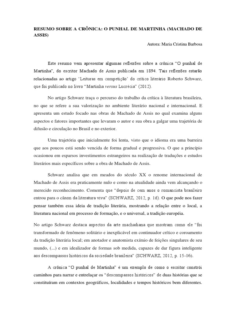 Resumo - O Punhal de Martinha - Machado de Assis | PDF