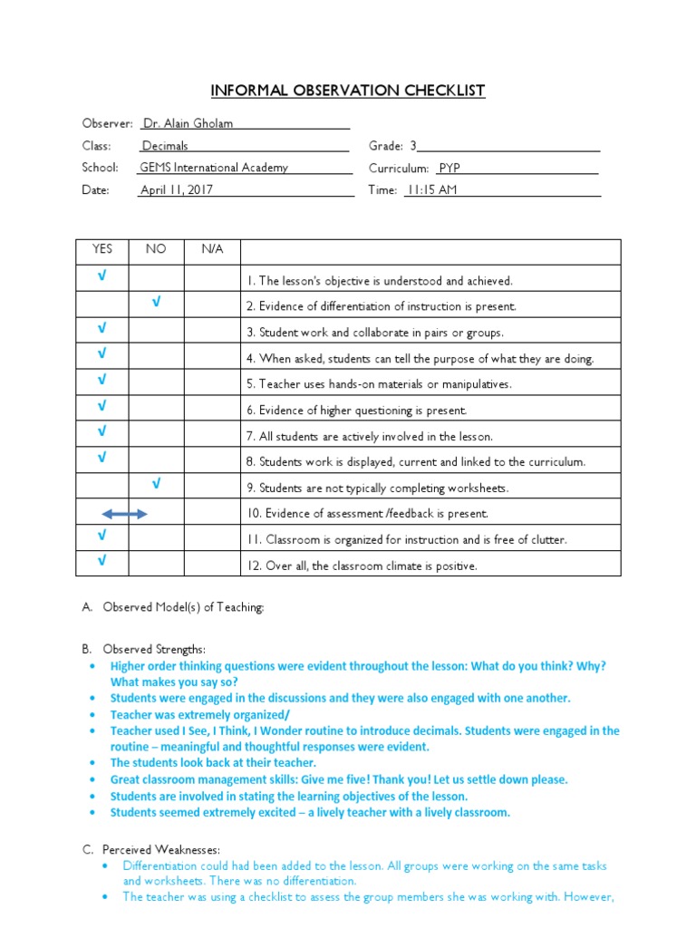 Informal Observation Checklist | PDF | Classroom | Teachers
