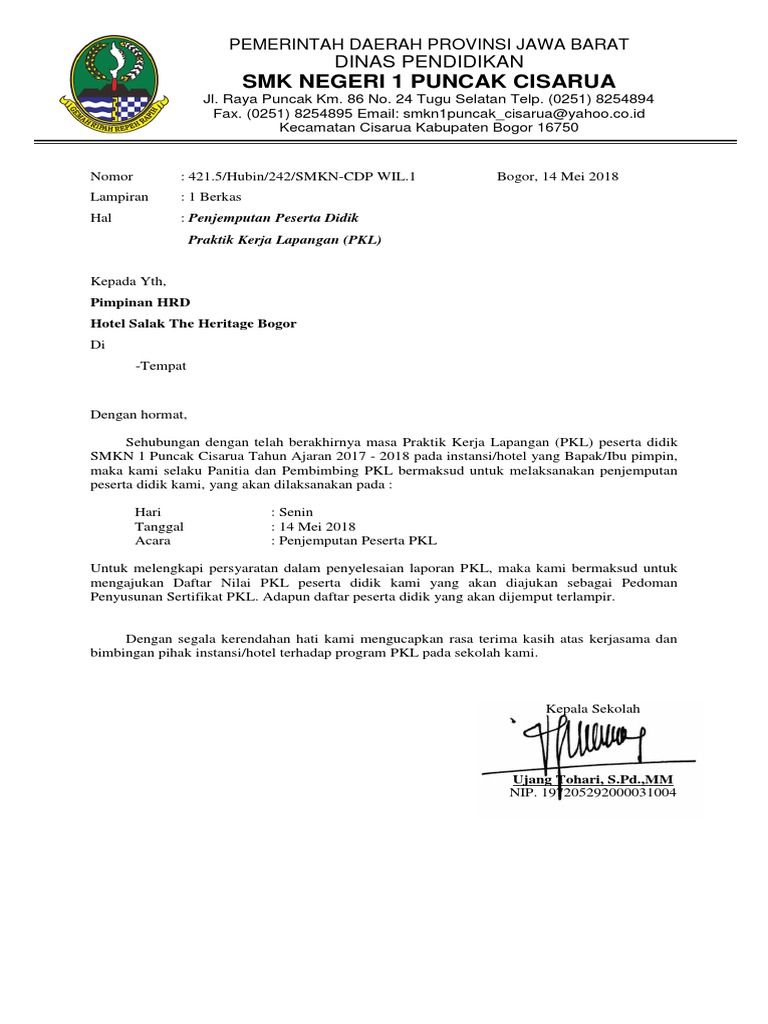 Surat Penjemputan PKL 2018 | PDF