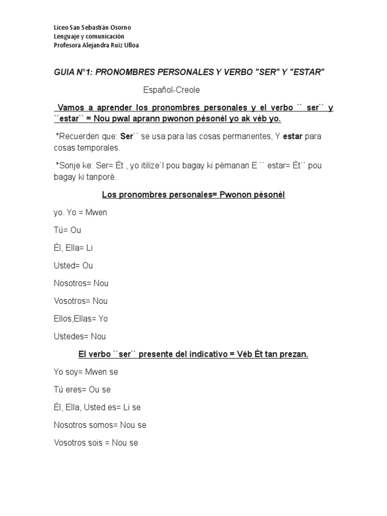 Pronombres y Verbos "Ser" y "Estar" | PDF | Pronoun | Subject (Grammar)