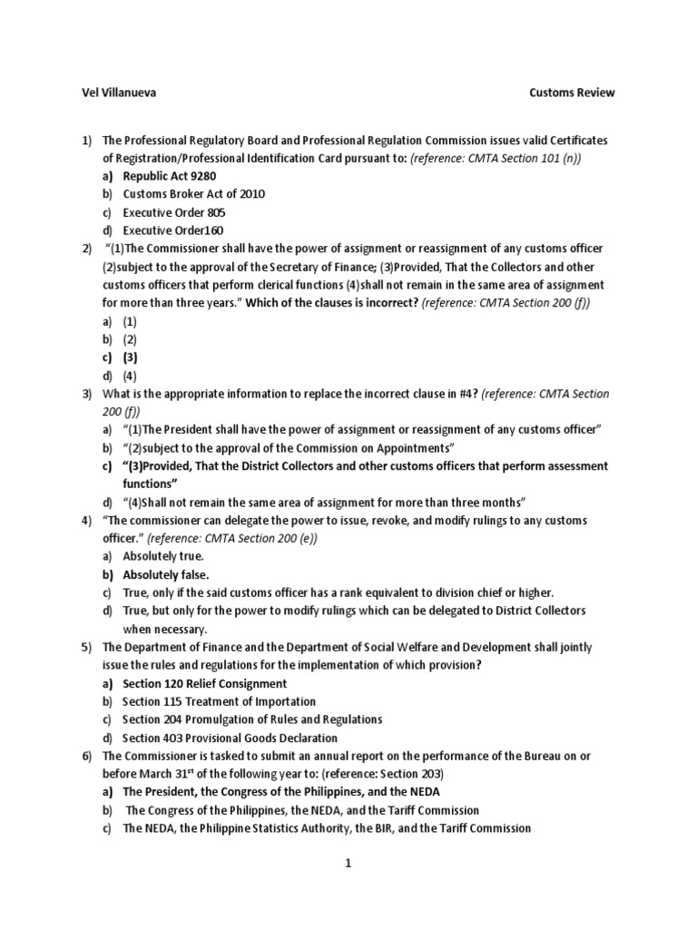 CMTA Codal Questions | PDF | Customs | Tariff