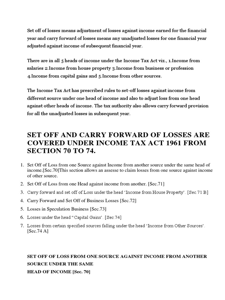 Set Off and Carry Forward of Losses Are Covered Under Income Tax Act ...