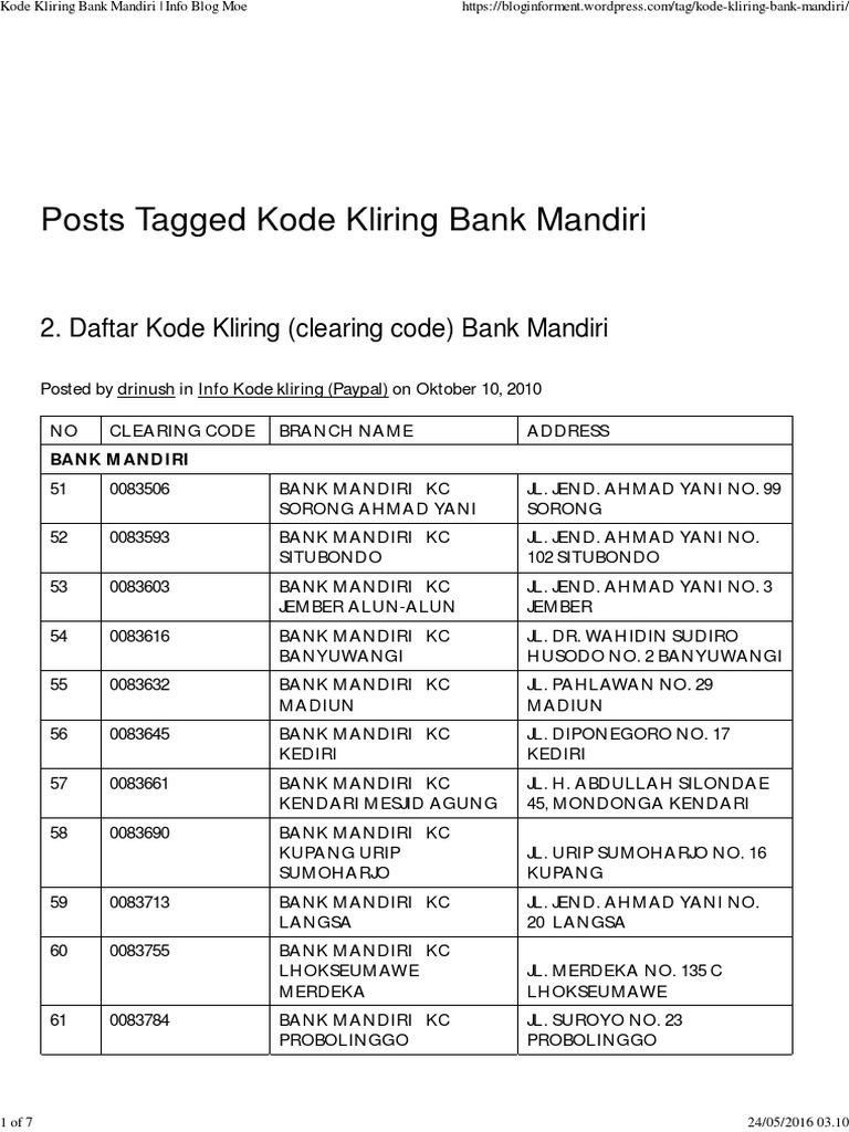 Kode Kliring Bank Mandiri - Info Blog Moe | PDF