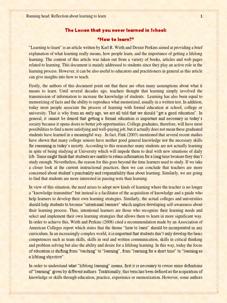 Reflection About Learning To Learn | PDF | Metacognition | Learning