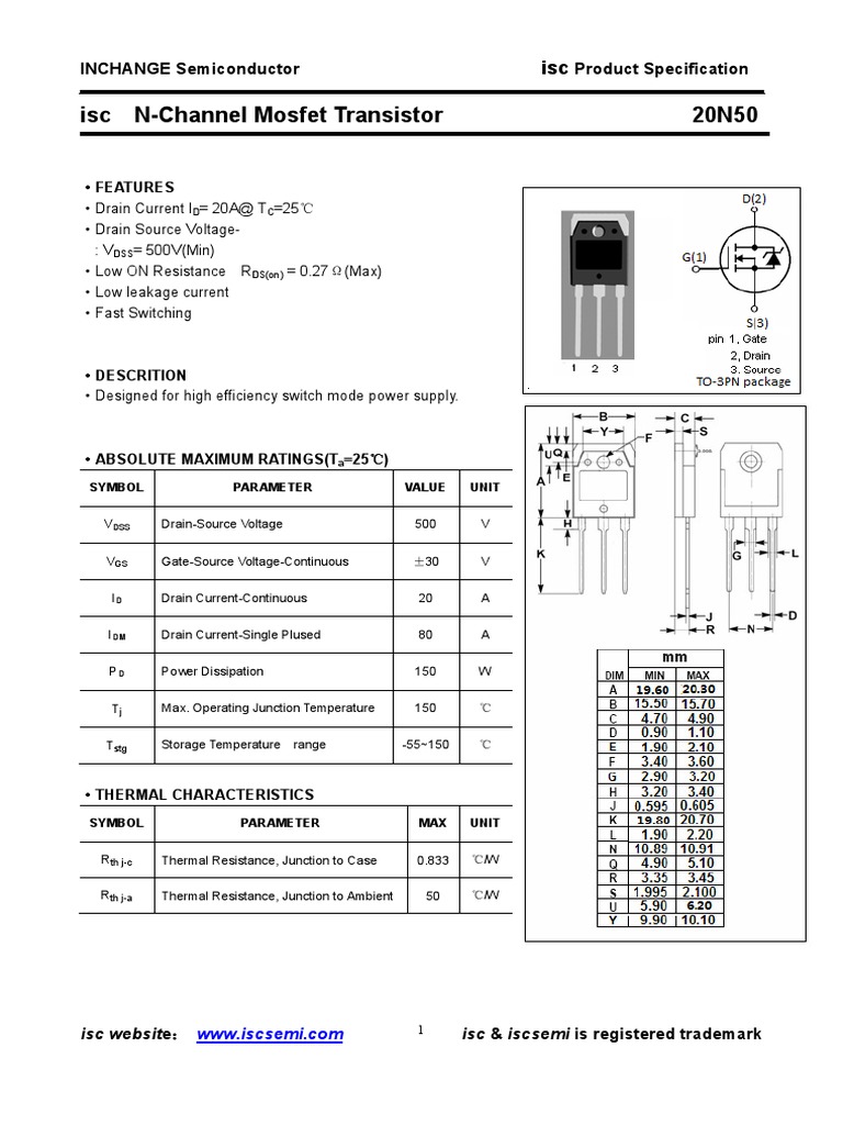 20n50 Mosfet Datasheet | PDF
