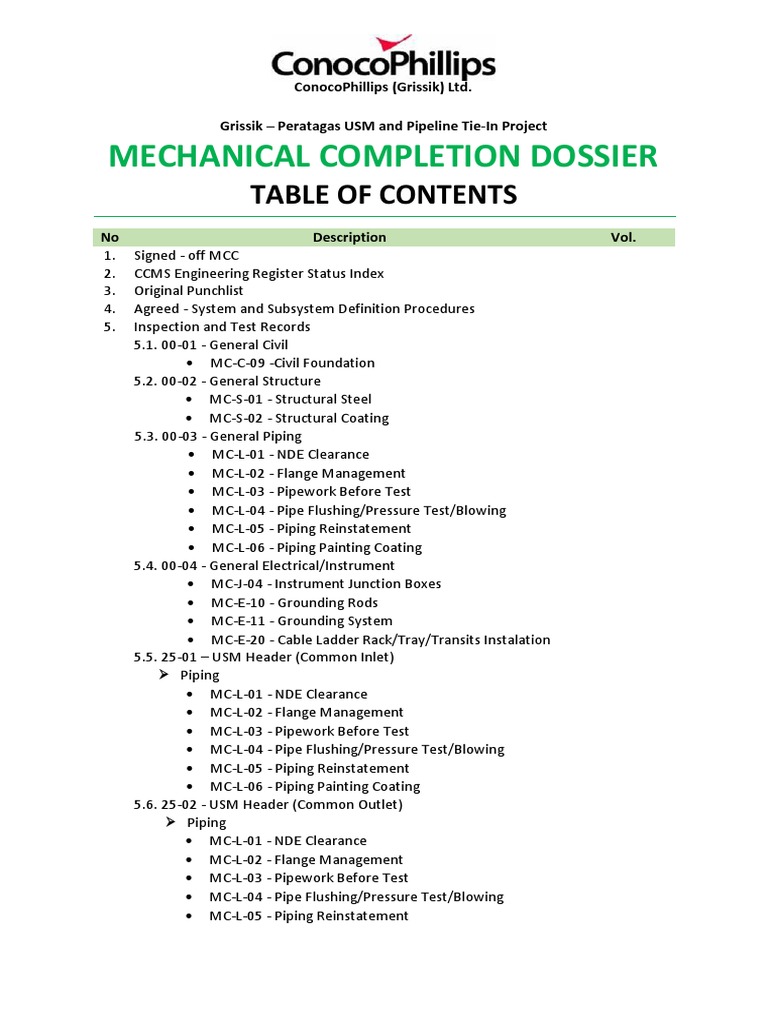 Mechanical Completion Dossier for the Grissik - Peratagas USM and ...