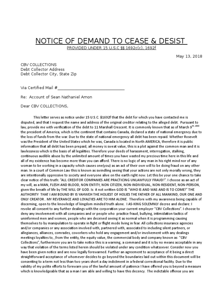 CBV Collections Notice of Demand To Cease and Desist To All Creditors ...