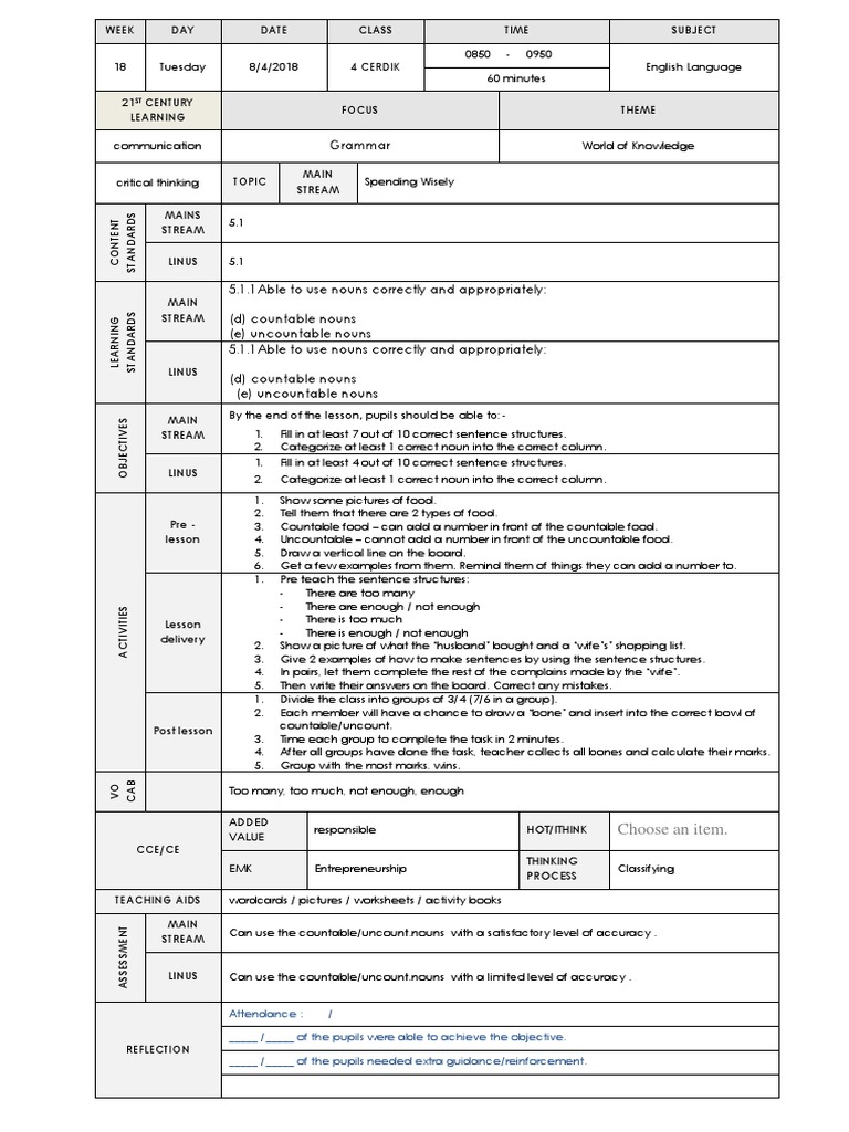 Countable and Uncountable Nouns Lesson Plan | PDF | Noun | Lesson Plan