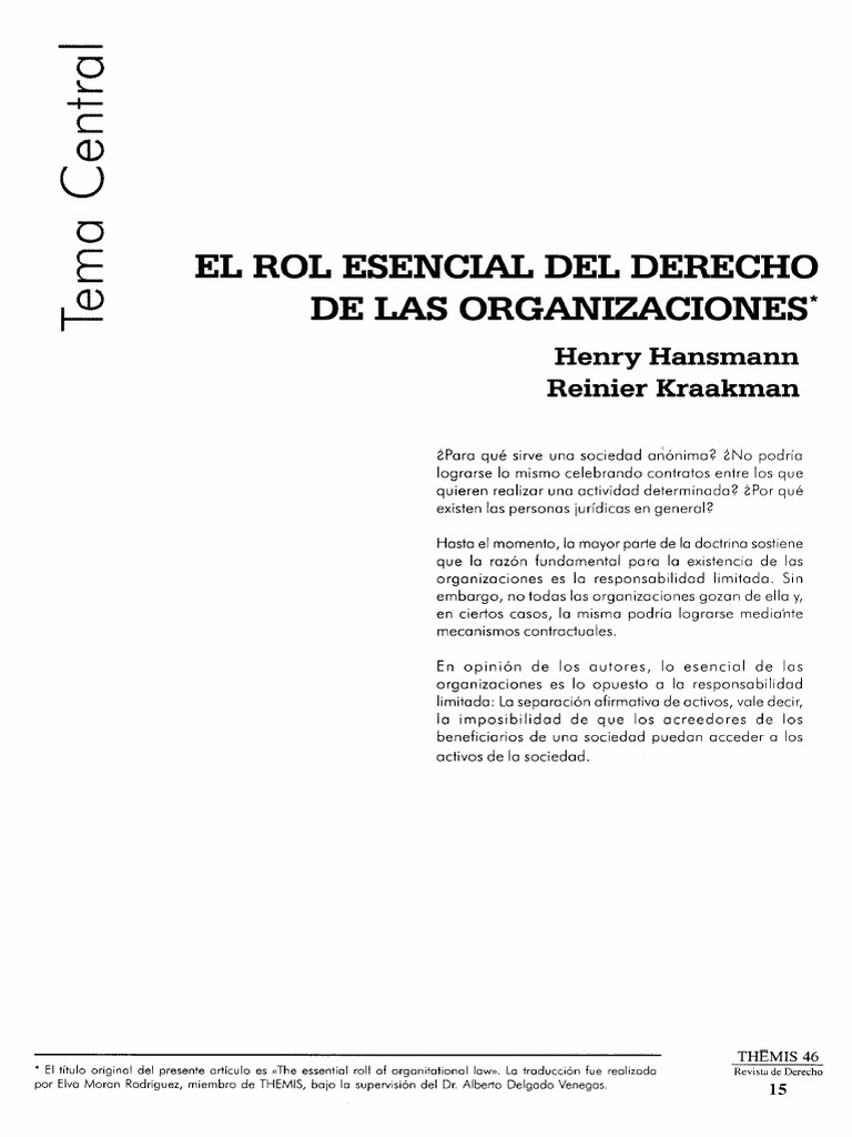 El Rol Esencial Del Derecho de Las Organizaciones - HANSMANN Henry ...