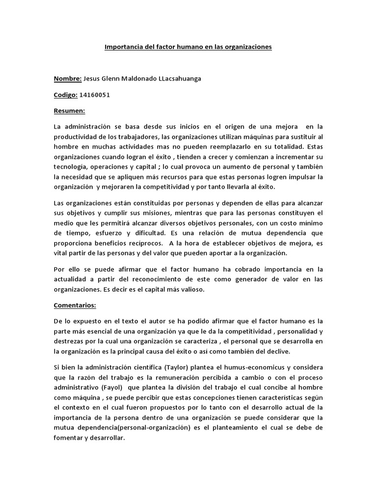 Importancia Del Factor Humano en La Organización | PDF | Economias | Business