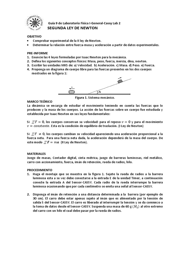 Guía 9 SEGUNDA LEY - Lab Fisica I-Gral - Cassy Lab 2 | PDF | Fuerza | Masa