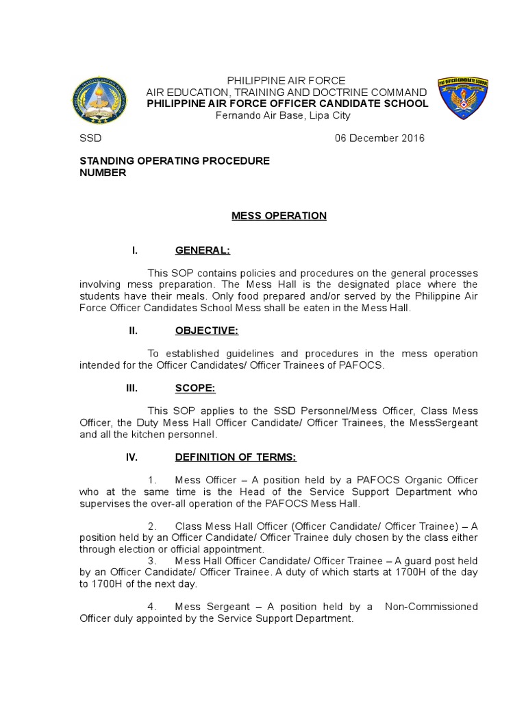 Pafocs Sop On Mess Operation | PDF | Officer (Armed Forces) | Military ...