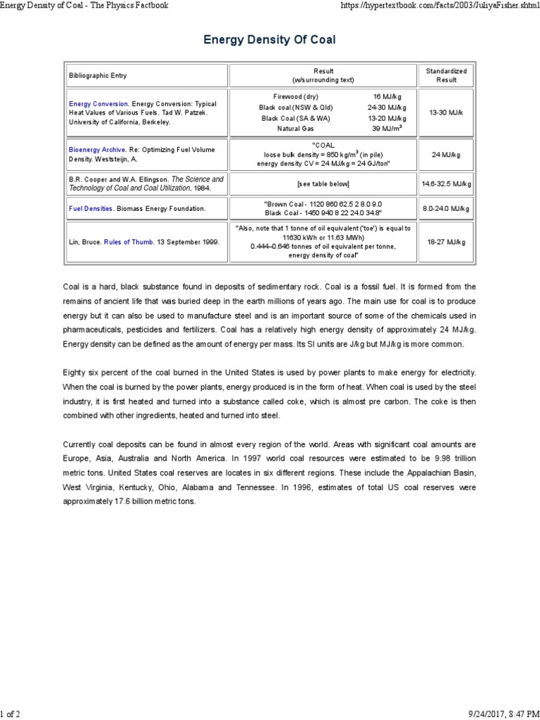 Energy Density of Coal - The Physics Factbook | PDF | Lignite | Coal