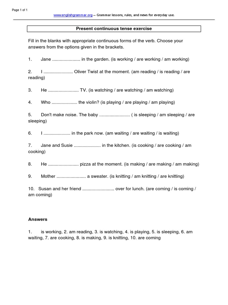 Present Continuous Tense Exercise | PDF