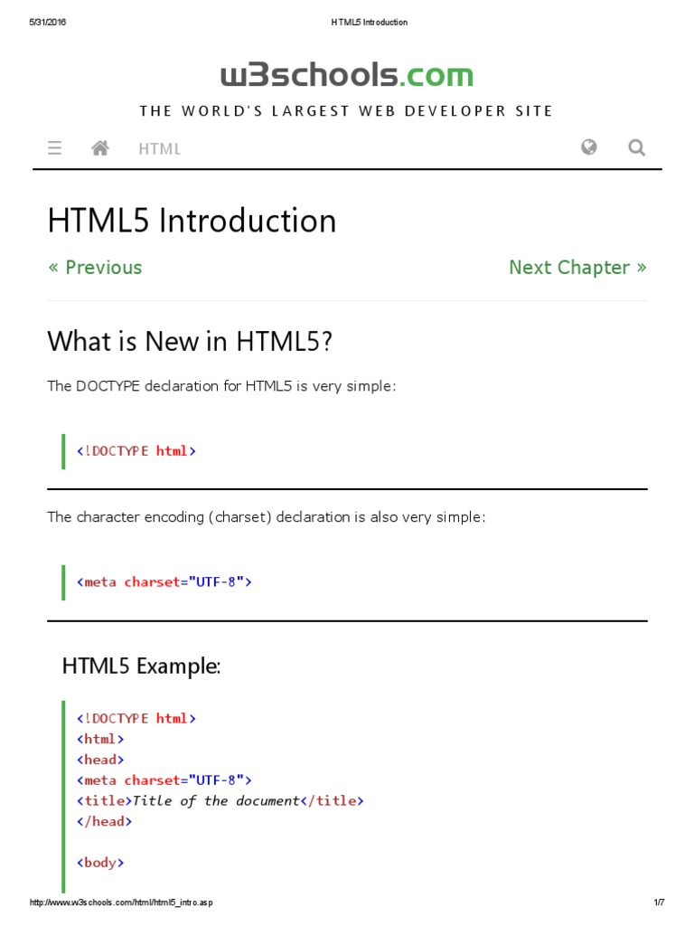 W3schools: HTML5 Introduction | PDF | Html5 | Xhtml