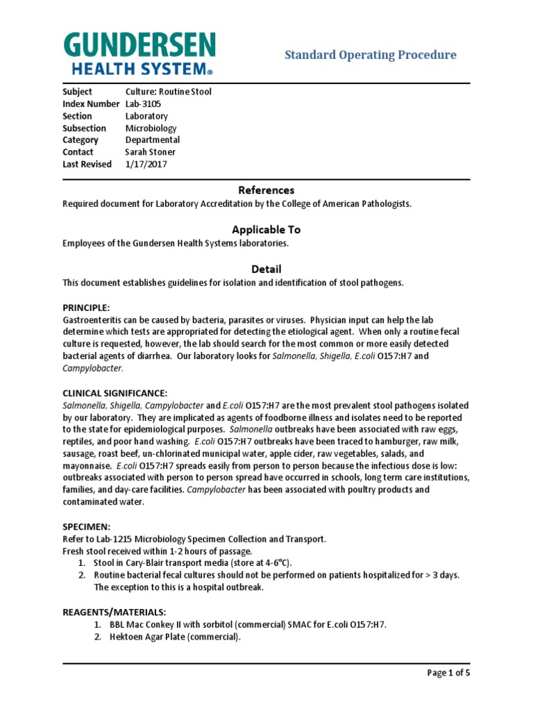 Lab Policies Culture Routine Stool Lab 3105 | PDF | Escherichia Coli ...