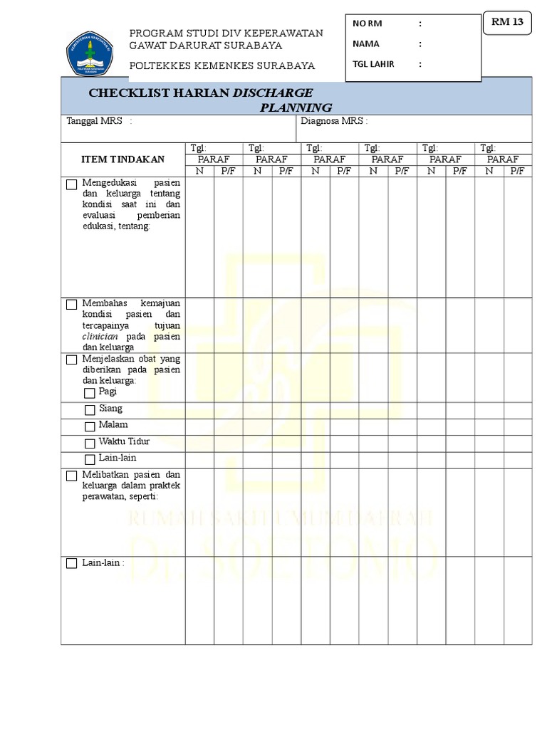 Discharge Planning Checklist for Nurses | PDF | Science & Mathematics