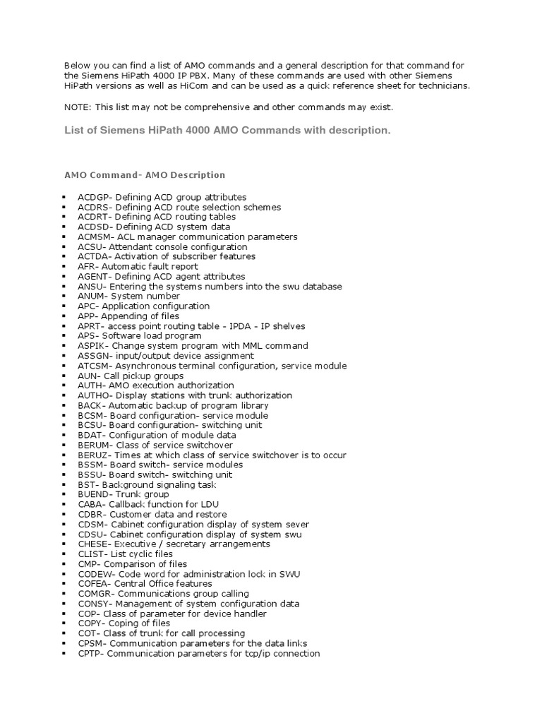 Siemens HiPath 4000 AMO Command Reference | PDF | Telephone Exchange | Disk Storage