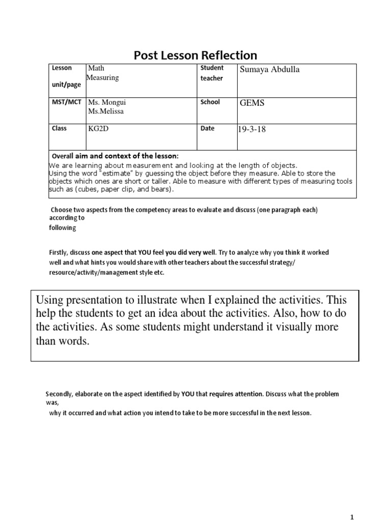 Math Lesson Reflection | PDF | Educational Psychology ...
