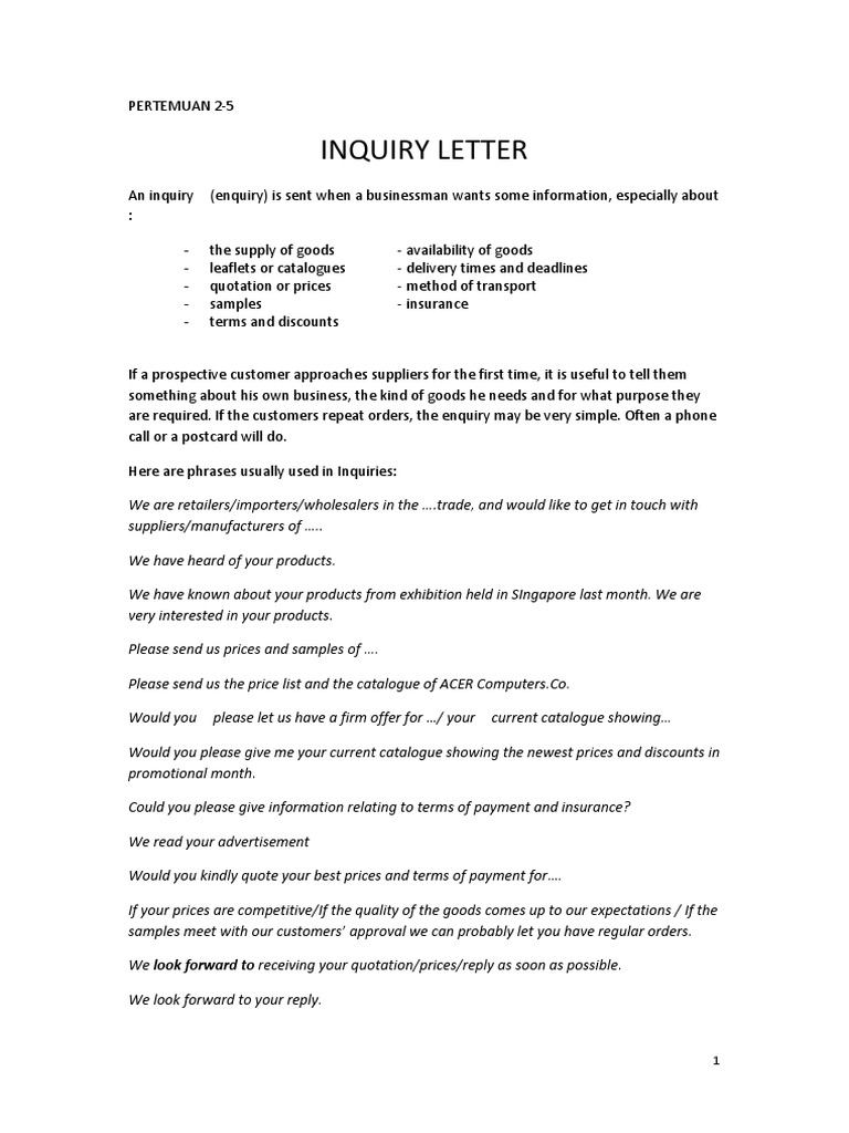Inquiry and Quotation Letter Guide | PDF | Supply Chain | Retail