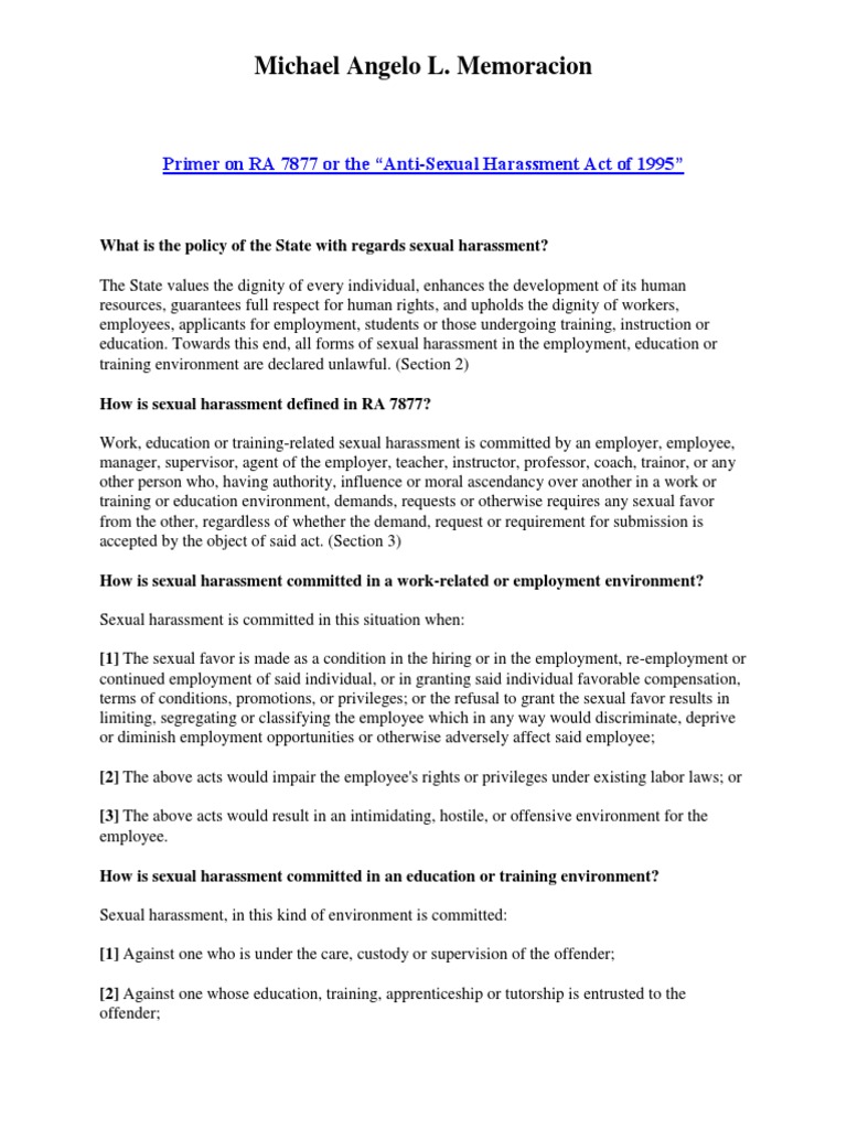 Primer on RA 7877 Anti Sexual Harrassment | Sexual Harassment | Harassment