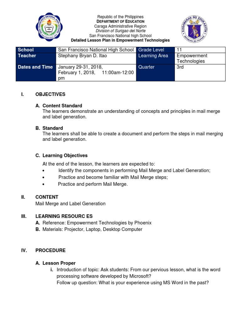 Mail Merge Lesson Plan for Students | PDF | Lesson Plan | Cognitive Science