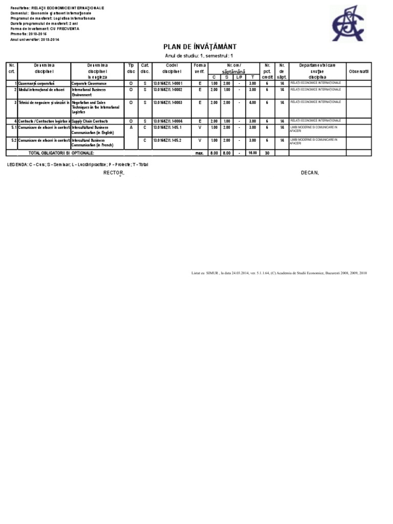 Plan de Învăţământ: Anul de Studiu: 1, Semestrul: 1 | PDF
