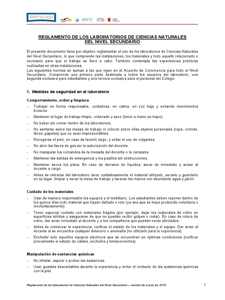 Reglamento Laboratorio secundaria | Laboratorios | Agua