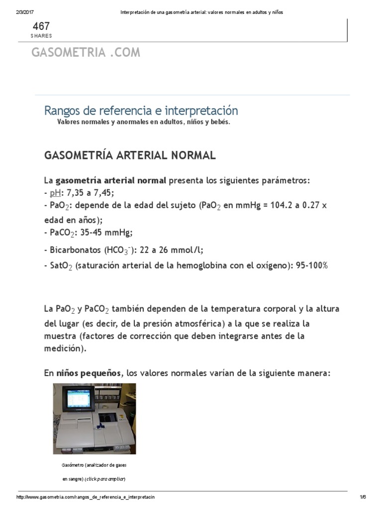 Interpretación de Una Gasometría Arterial_ Valores Normales en Adultos y Niños | Fisiología ...