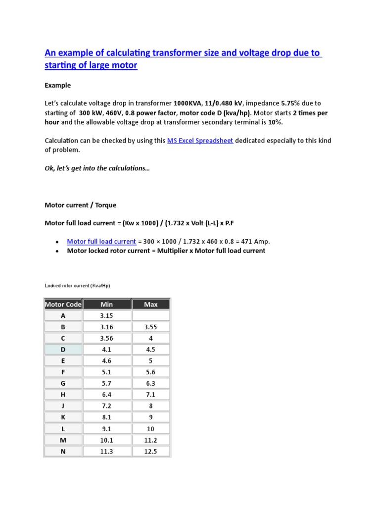 An Example of Calculating Transformer Size and Voltage Drop Due To Starting of Large Motor ...