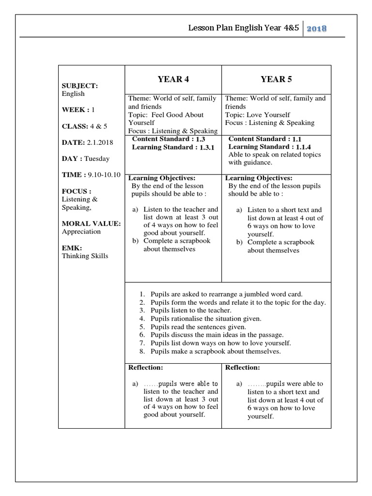 Year 4 Year 5: Lesson Plan English Year 4&5 | Download Free PDF ...