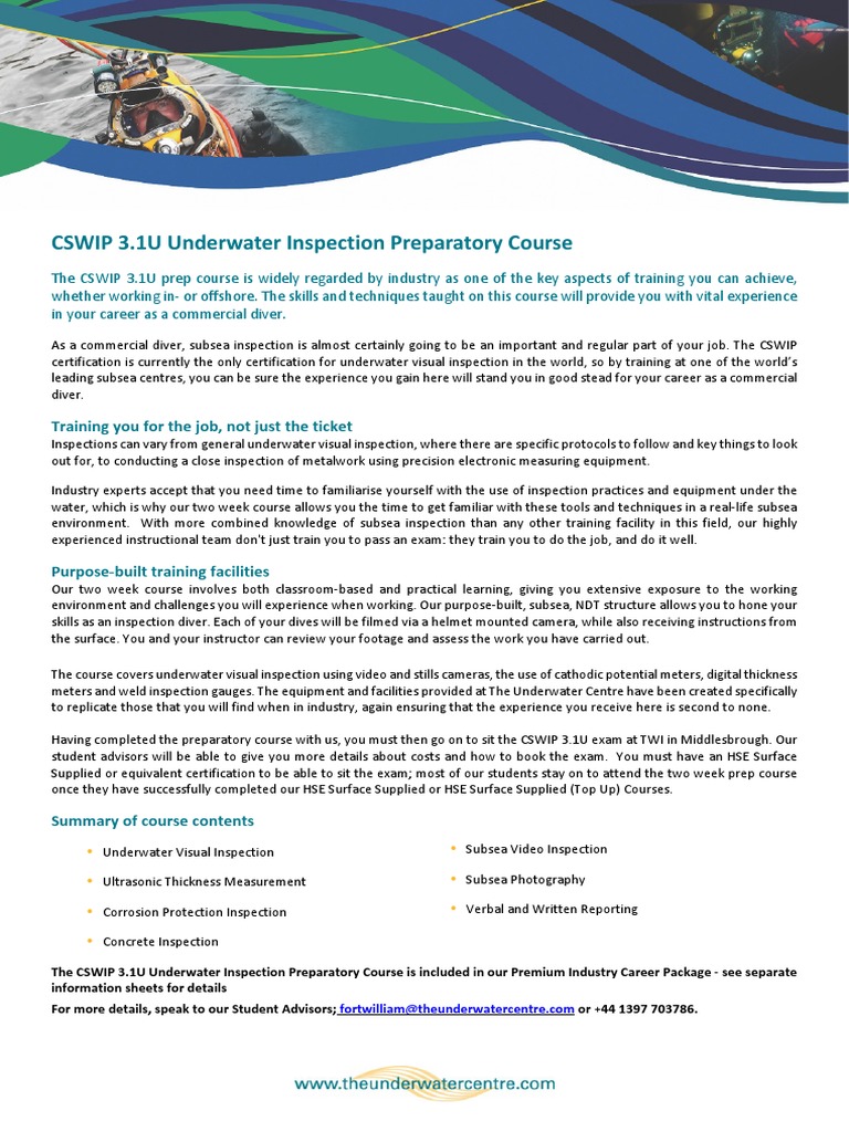 CSWIP 3.1U Underwater Inspection Course Information | PDF | Scuba ...