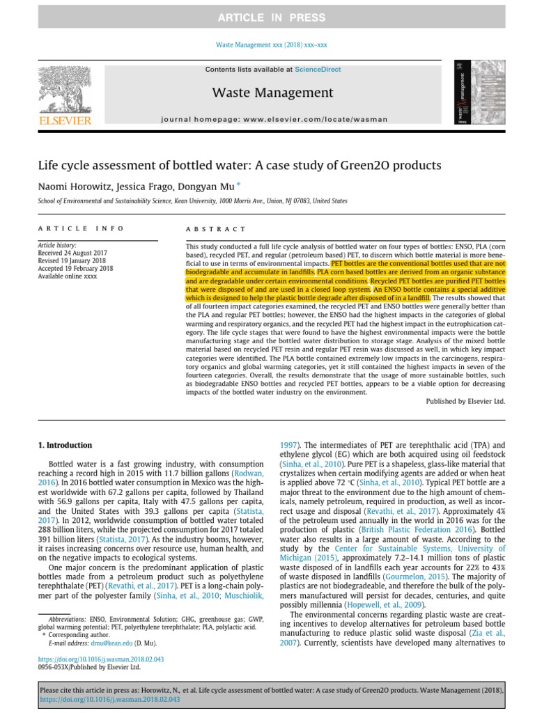 2018 Life Cycle Assessment of Bottled Water - A Case Study of Green2O ...