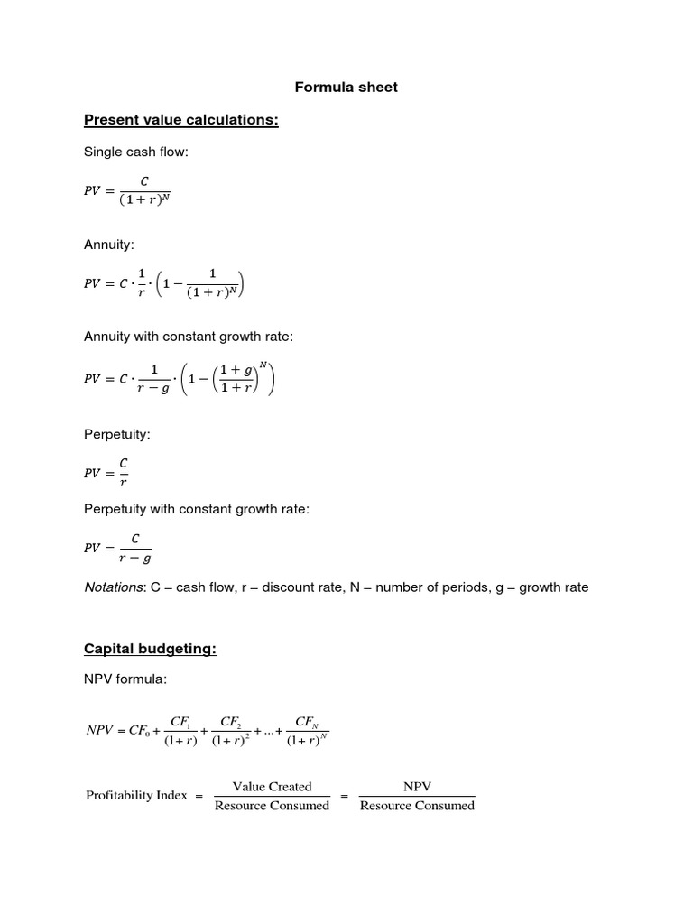 Finance Formula Reference Sheet | PDF | Financial Economics | Economics