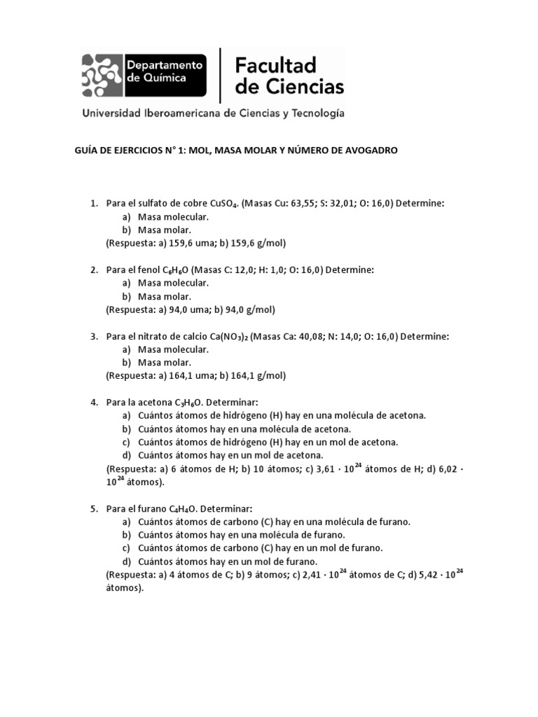 Ejercicios Moles Moleculas Y Masa Molar Pdf Pdf Mole Unidad