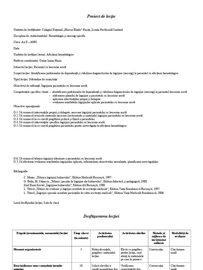 Proiect de Lectie II Hematologie | PDF