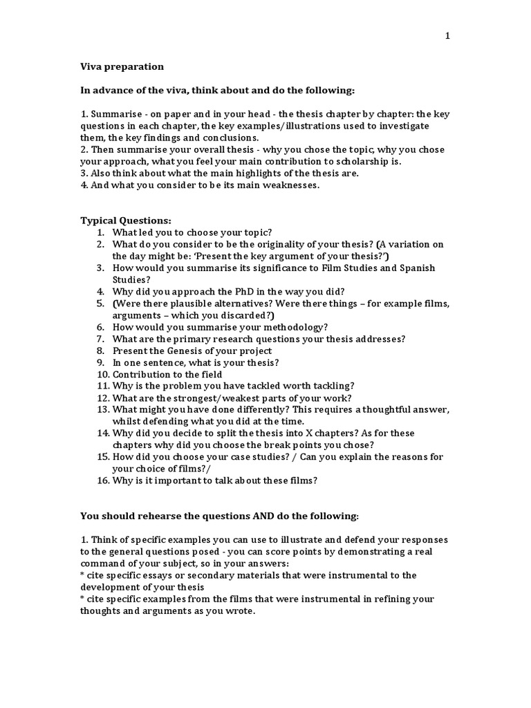 Viva Preparation in Advance of The Viva, Think About and Do The ...