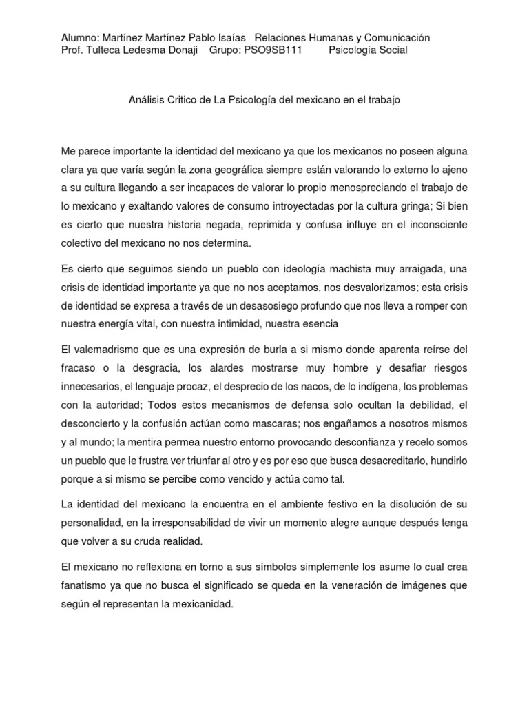 Analisis Critico de La Psicologia Del Mexicano en El Trabajo | PDF | México | Psicología Social