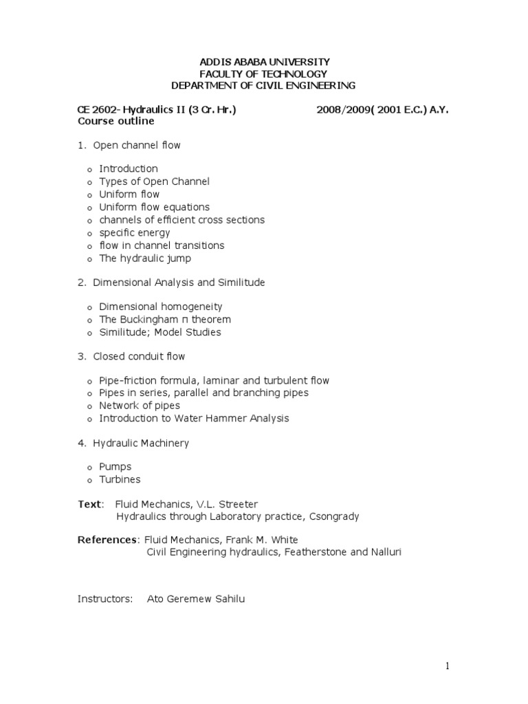 Hydraulics II Course Outline | PDF | Fluid Dynamics | Reynolds Number