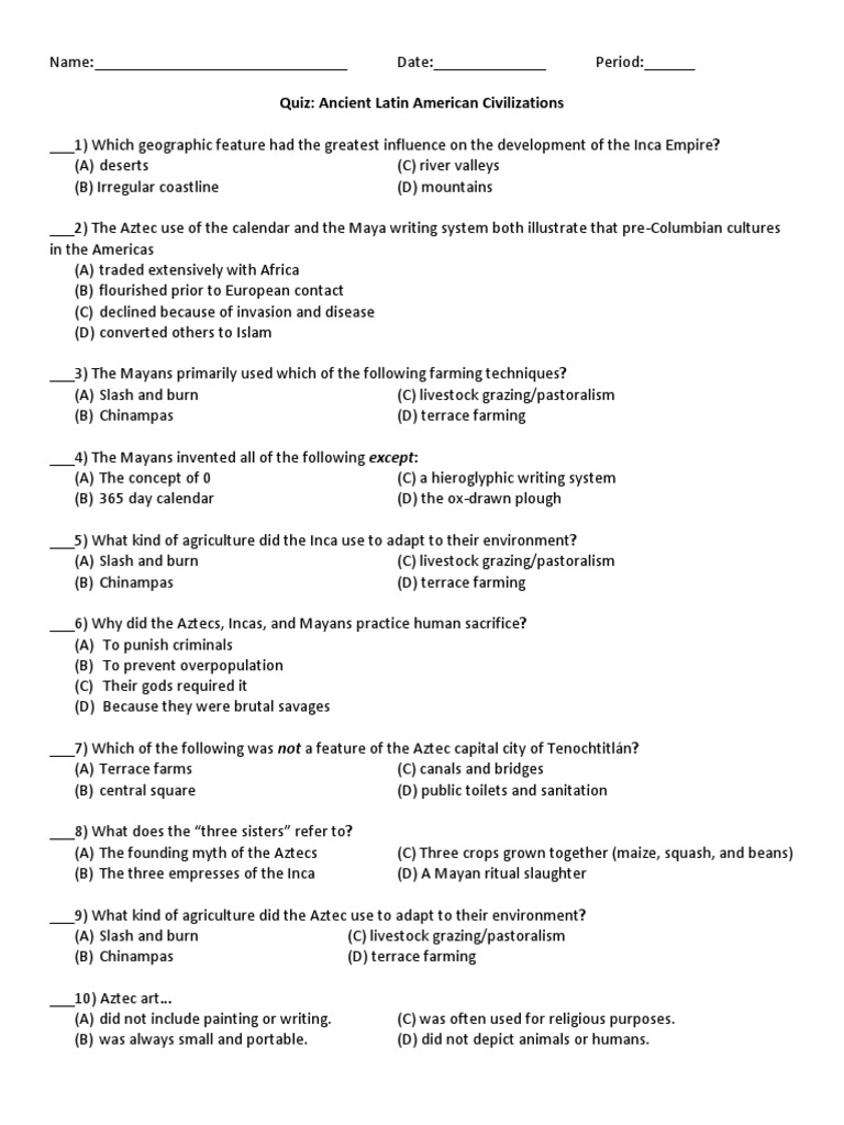 Aztec Inca Maya Quiz | PDF | Maya Civilization | Aztec