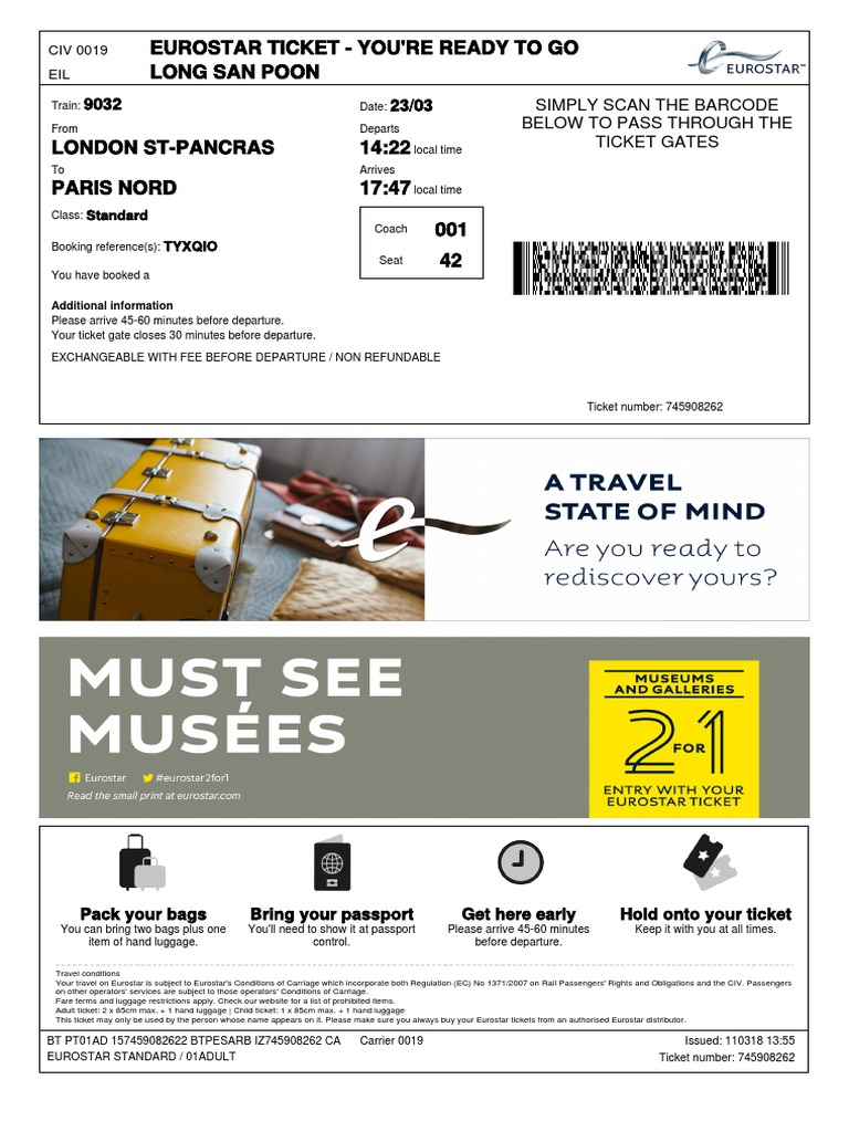 Eurostar Pass 23-25march | PDF | Ticket (Admission) | Baggage