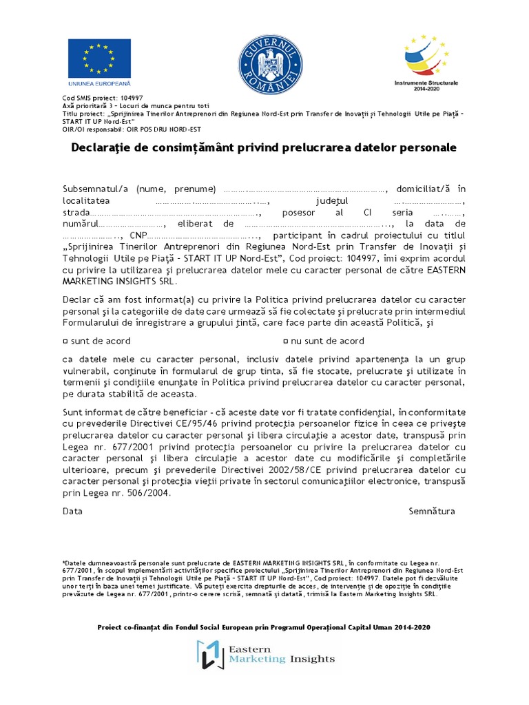 Declaratie de Consimtamant Privind Prelucrarea Datelor Personale | PDF