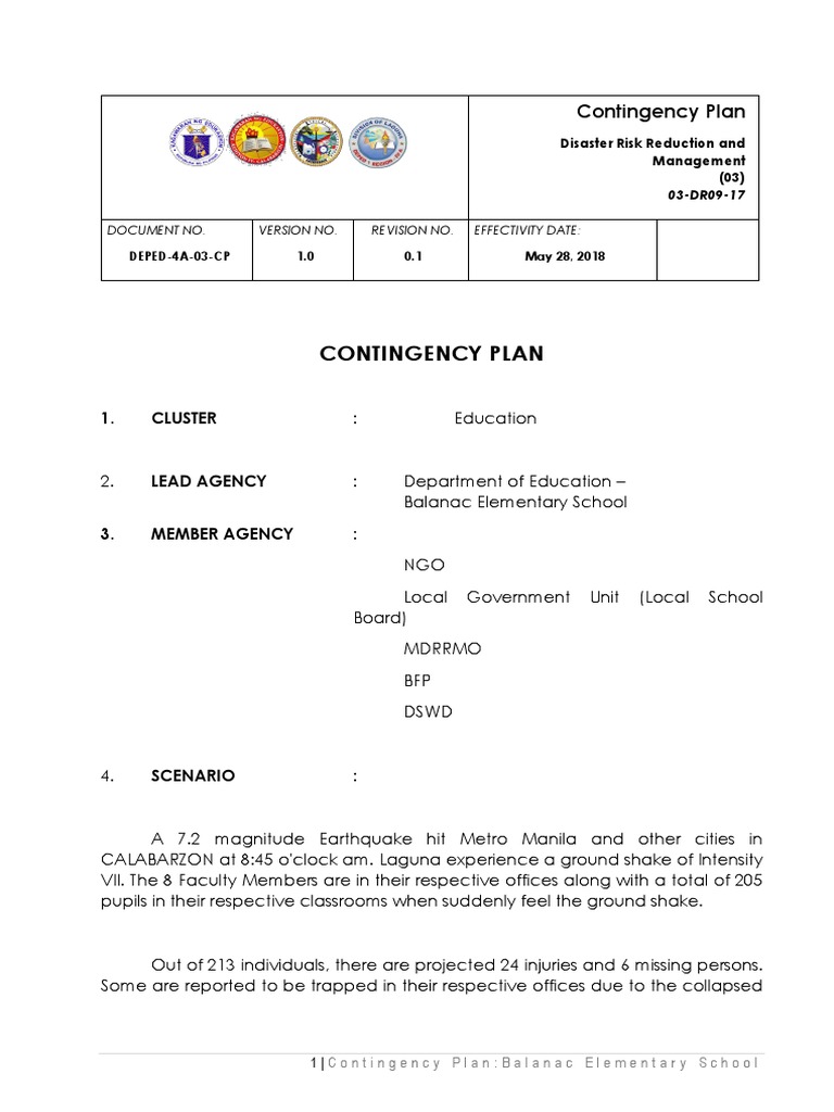 Contingency Plan Balanac ES | PDF | Emergency Evacuation | Non ...