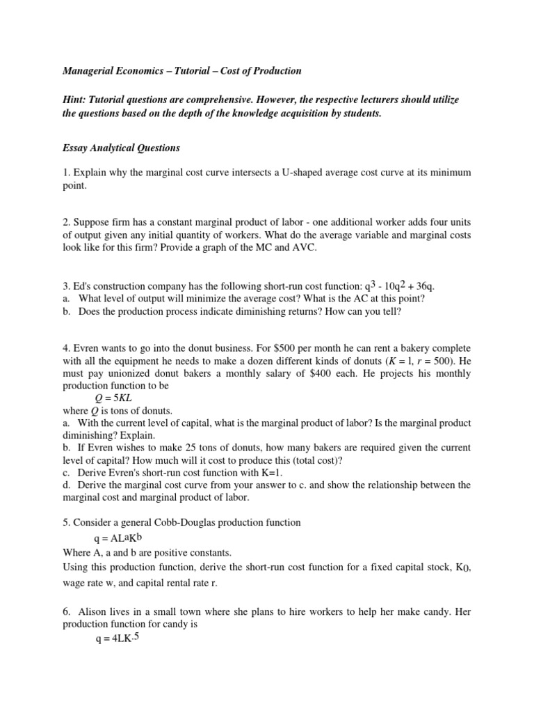 Tutorial - Chapter 4 - Cost of Production - Questions | PDF | Average ...