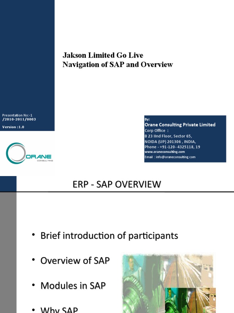 Jakson Limited Go Live Navigation of SAP and Overview: Orane Consulting Private Limited ...