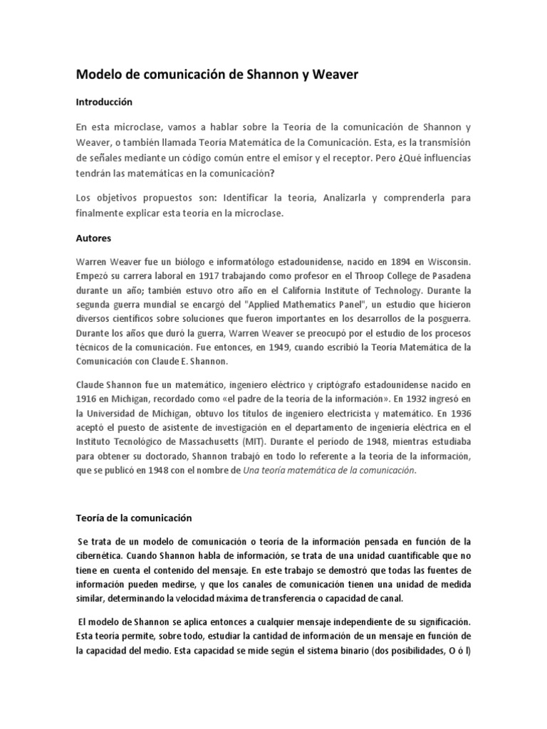 Modelo de comunicación de Shannon y Weaver.docx.docx | Comunicación ...