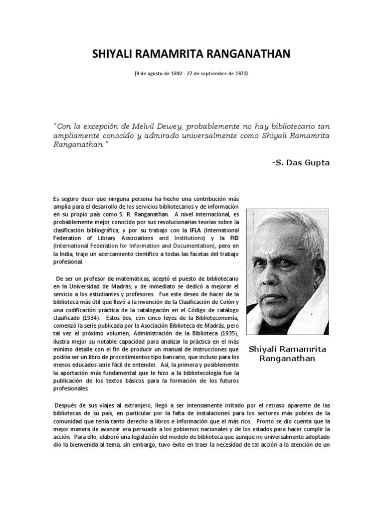 Shiyali Ramamrita Ranganathan | PDF | Library Science | Librarian