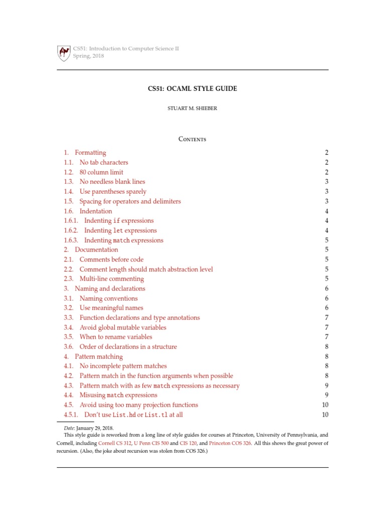 CS51: Introduction To Computer Science II Spring, 2018: Cs51: Ocaml Style Guide | Download Free ...