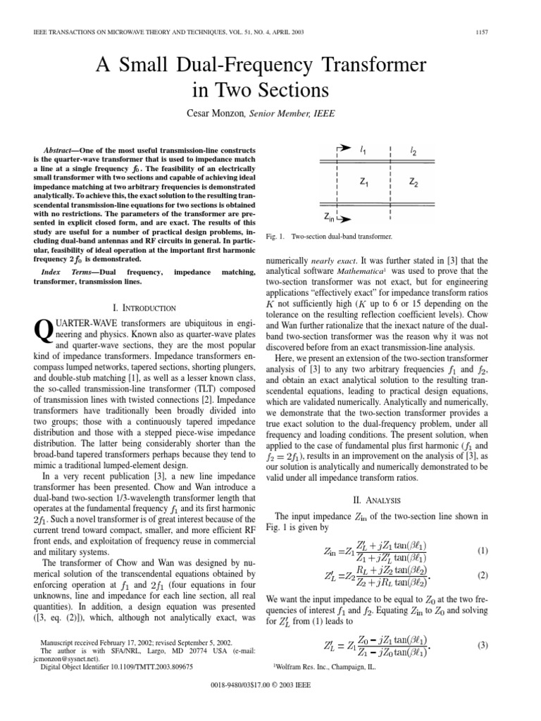 A Small Dual-Frequency Transformer | PDF | Transmission Line | Equations