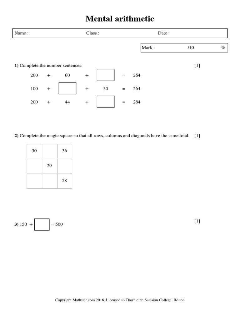 Mental Arithmetic: Name: Class: Date | PDF